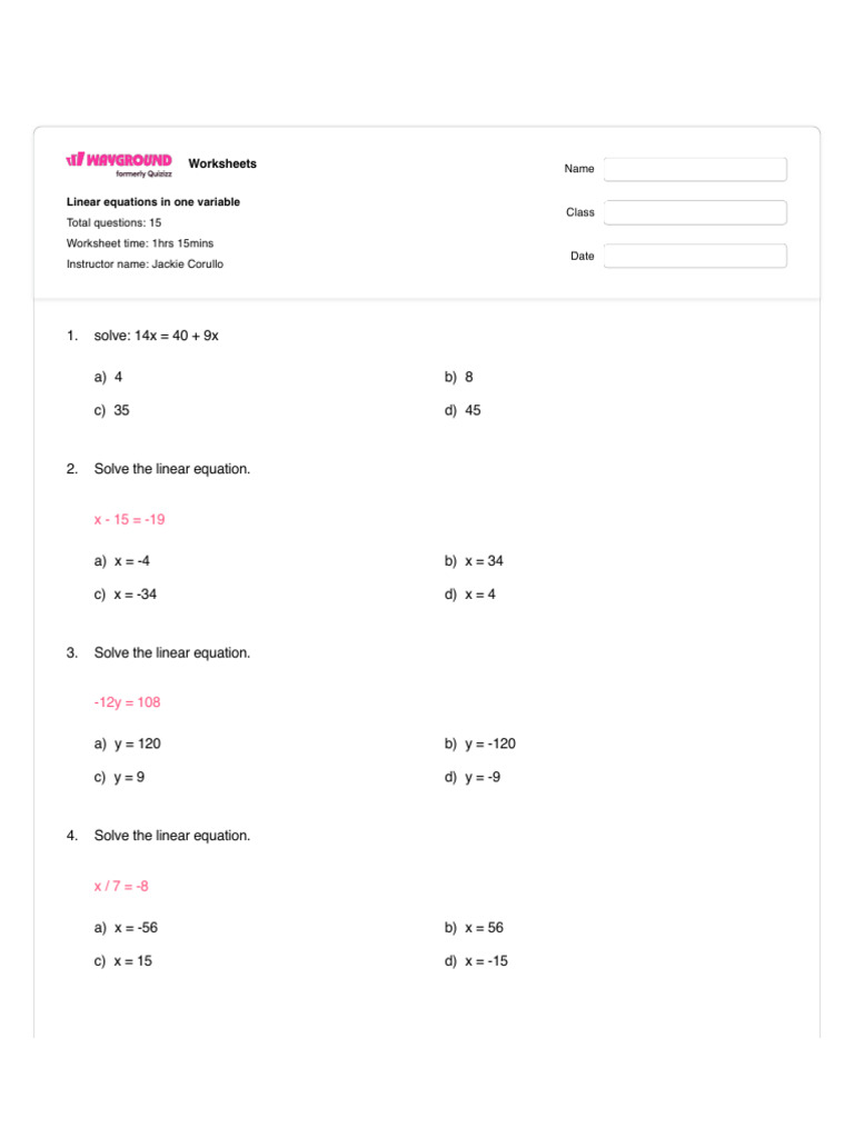 Linear Equations Worksheets for Students | PDF