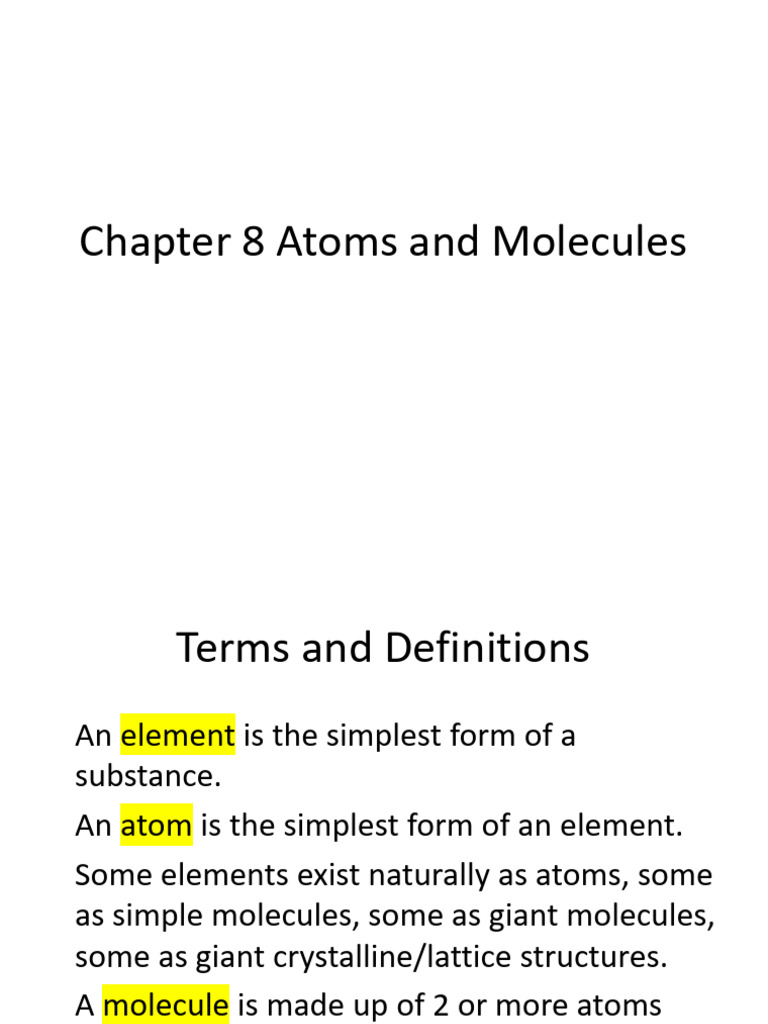 T3W1 1B Chap 8 Atoms and Molecules Slides | PDF | Atomic Nucleus | Atoms