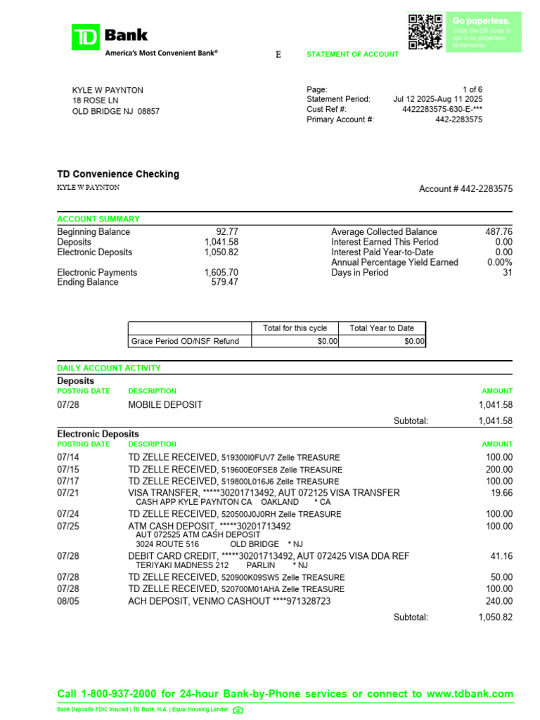TD Bank Account Statement Summary | PDF | Credit Card | Banks
