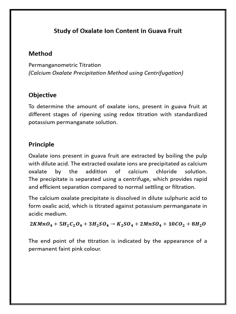 Study of Oxalate Ion Content in Guava Fruit | PDF | Titration | Chemistry