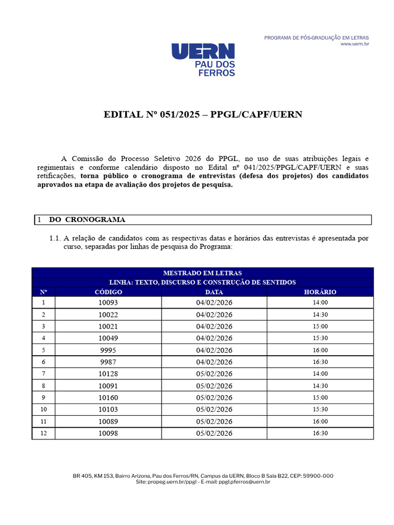 Edital_n_051_2025__-_Cronograma_de_Entrevistas_-_Seleo_2026 | PDF