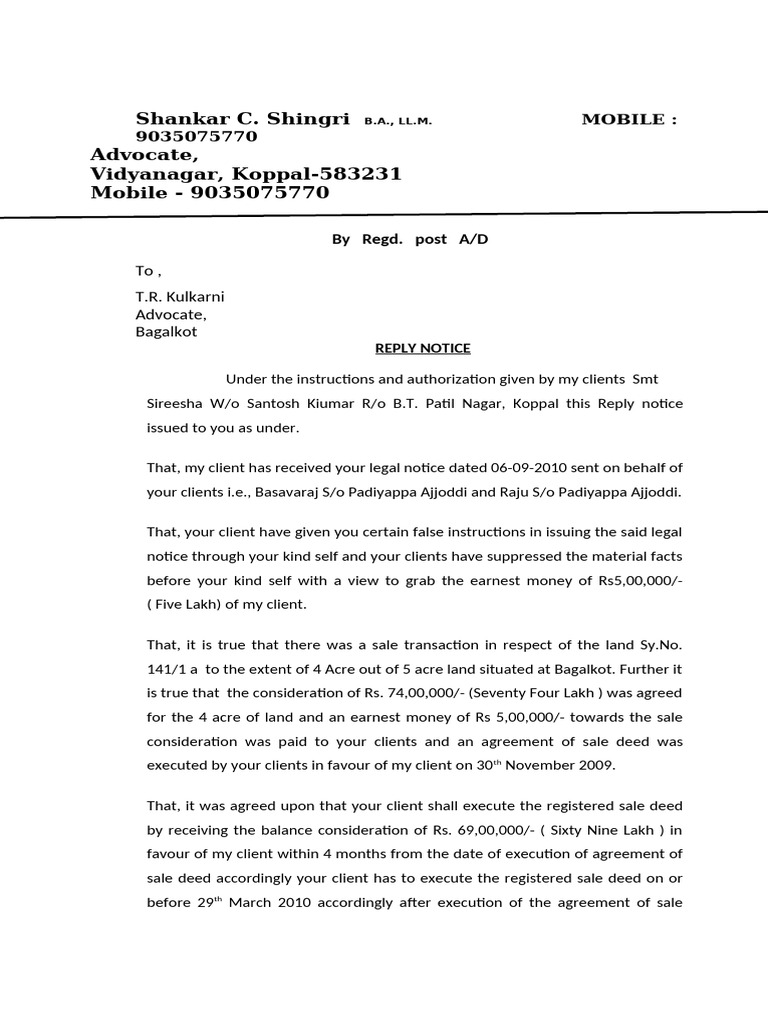 V3 Bagalkot Reply Notice | PDF | Private Law | Common Law