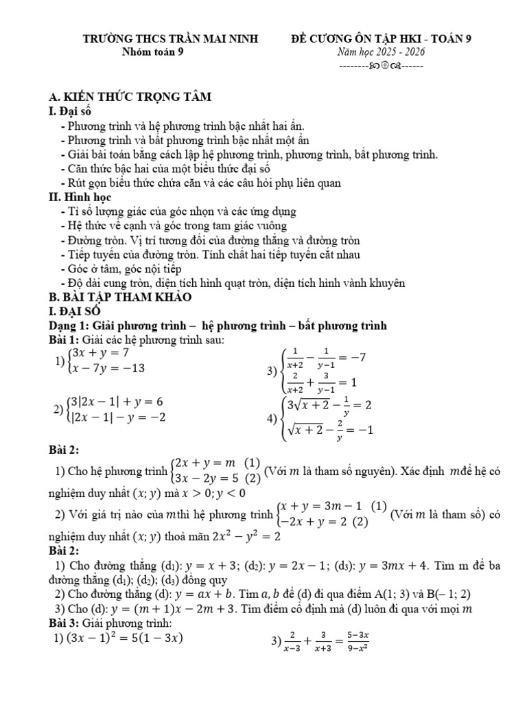 De Cuong HKI Toán 9 | PDF