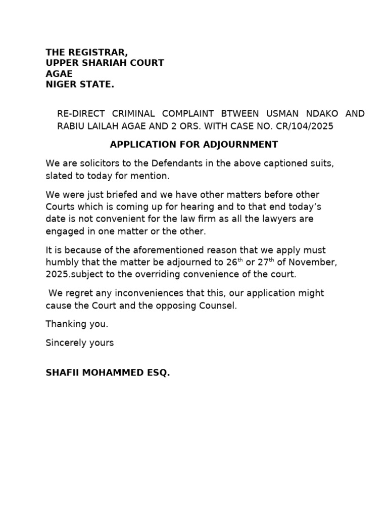 LETTER of Adjourment | PDF