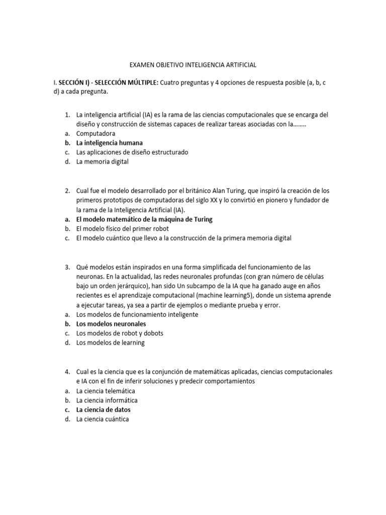 Examen de Inteligencia Artificial: Preguntas y Respuestas | PDF ...