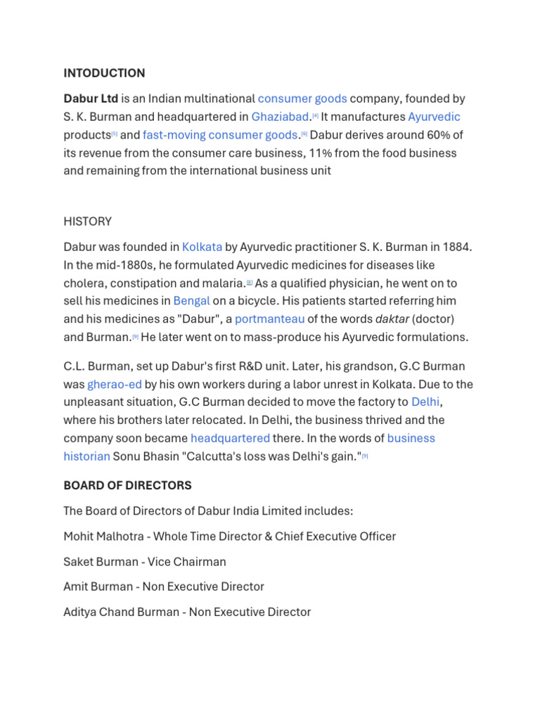 Overview of Dabur Ltd: History & Leadership | PDF