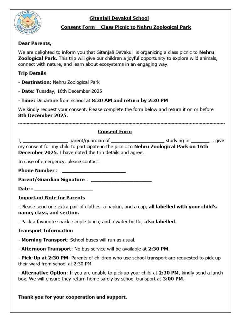 Gitanjali School Picnic Consent Form | PDF