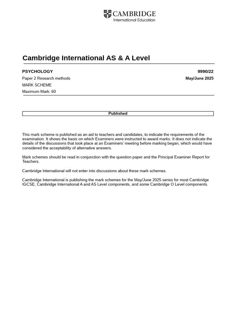 Cambridge International AS & A Level: Psychology 9990/22 | PDF | Level ...