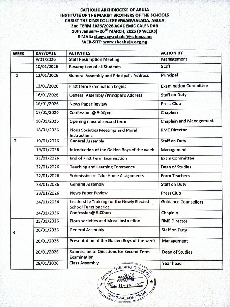 CKC 2nd Term 20252026 Academic Calendar | PDF