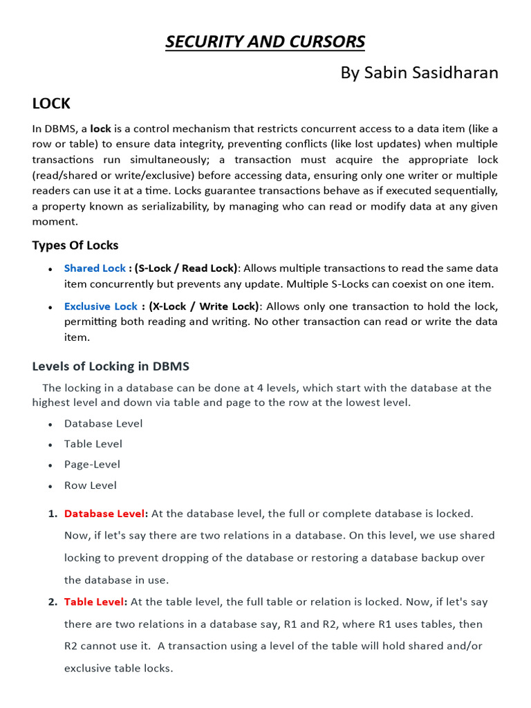 Security and Cursors in SQL | PDF | Database Transaction | Databases