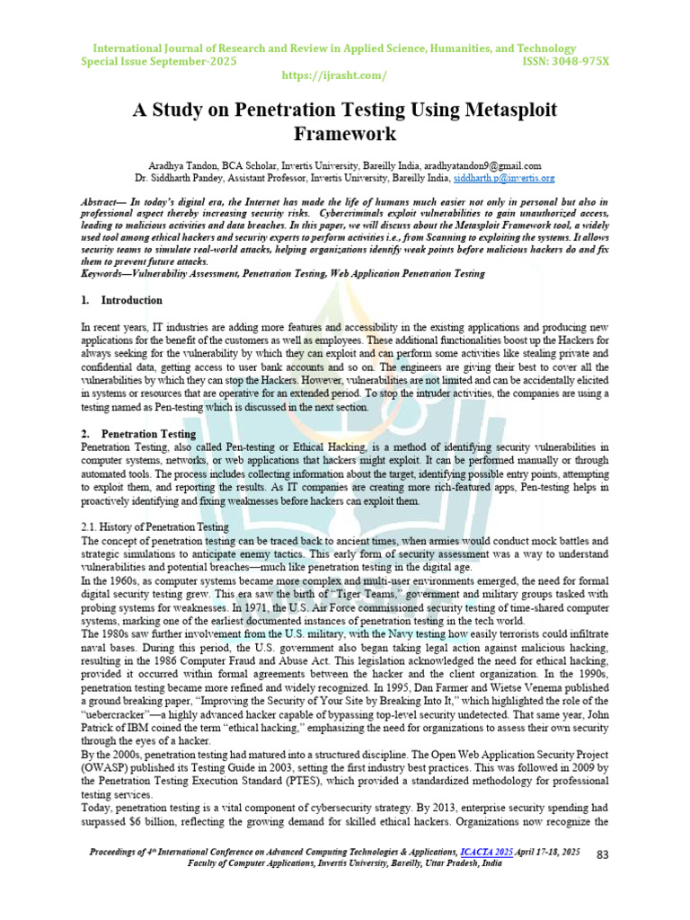 A Study on Penetration Testing Using Metasploit Fr | PDF | Penetration ...