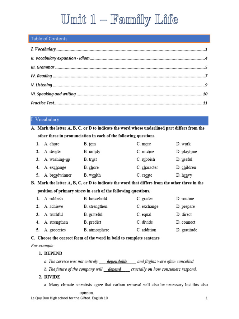 English 10 Vocabulary and Grammar Guide | PDF | Child Care | Housewife
