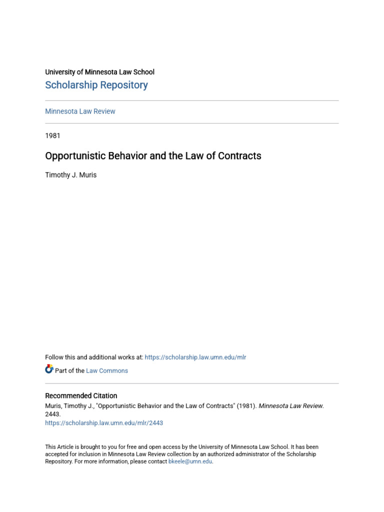 Opportunistic Behavior and the Law of Contracts | PDF | Franchising ...