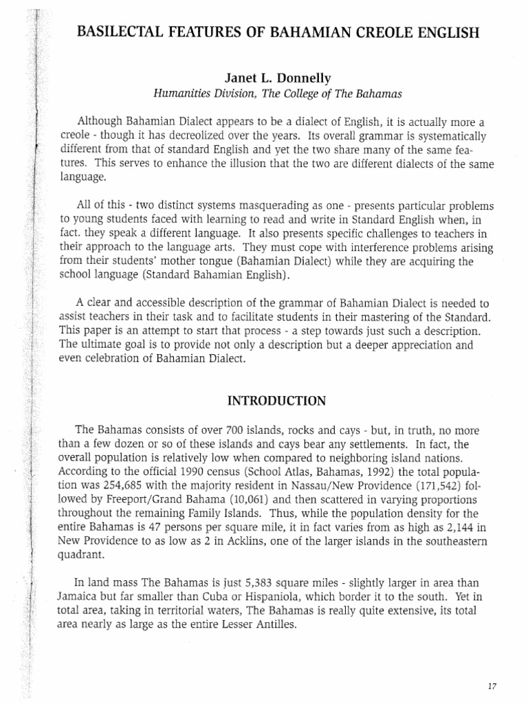 Basilectal Features of Bahamian Creole English | PDF