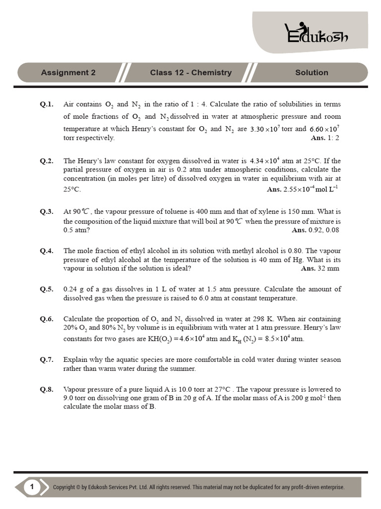 Class 12 - Chemistry - Solution - Assignment 2 | PDF | Solubility ...