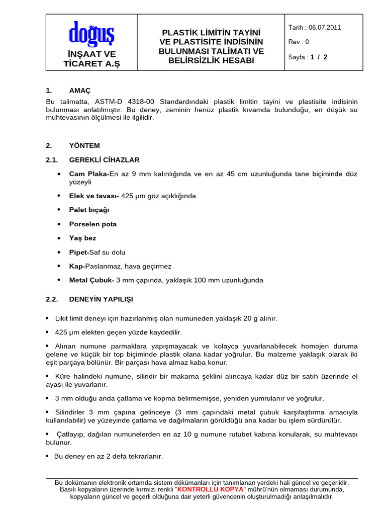 Plastik Limitin Tayini Plastisite Indisnin Bulunnmasi Talimati | PDF