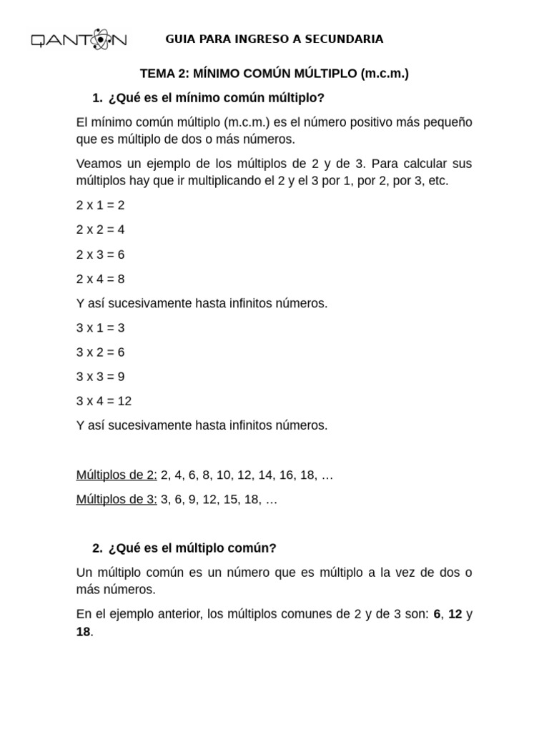 QANTON Tema 2 Mínimo Común Múltiplo | PDF | Matemáticas | Teoría de los ...