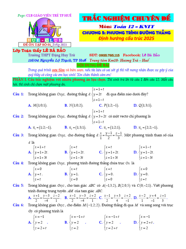 De 01 Phuong Trinh Duong Thang Form 2025 | PDF