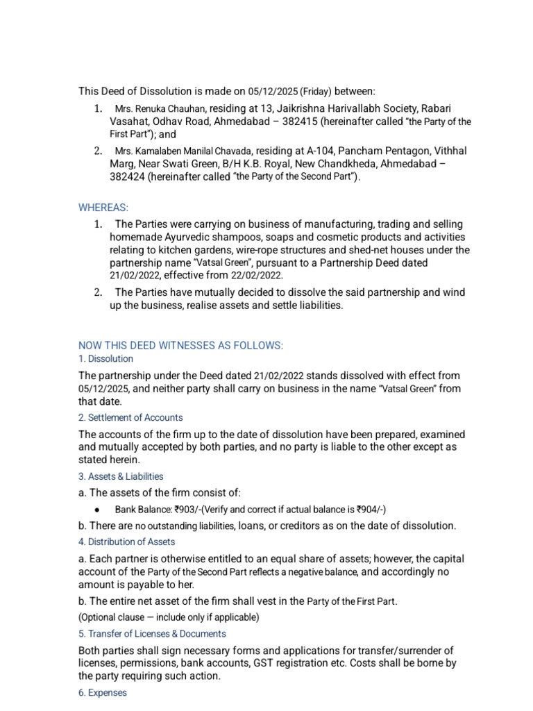 Partnership Dissolution Deed Template | PDF | Indemnity | Private Law