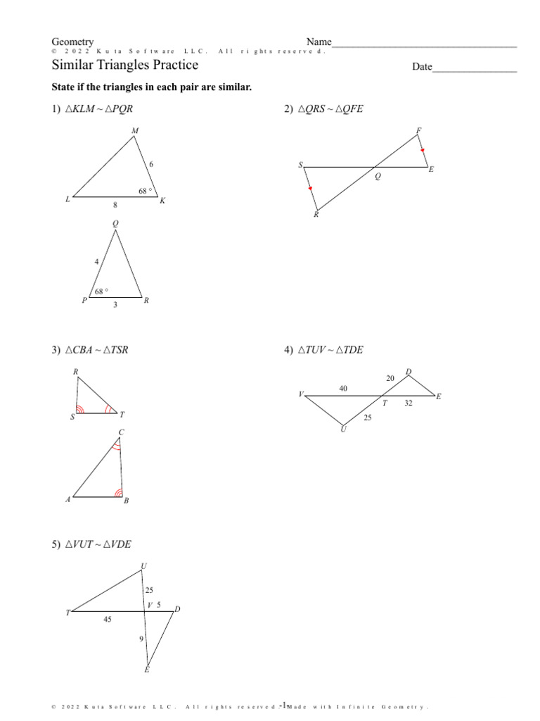 Similar Triangles Practice Worksheet | PDF | Elementary Geometry ...