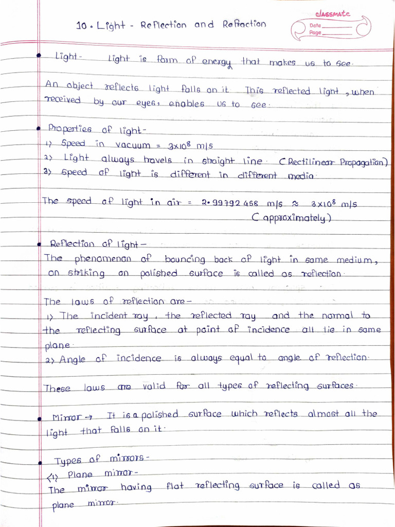 Light - Reflection & Refraction Notes | PDF
