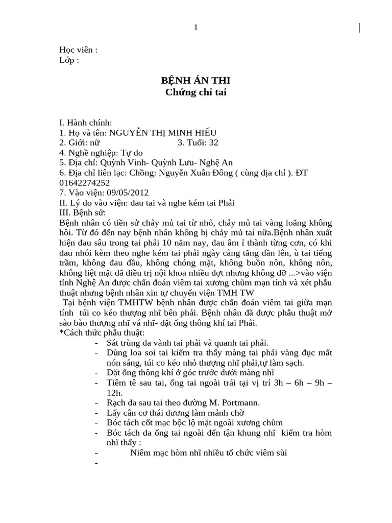 BỆNH ÁN THI TAI chi Nga | PDF
