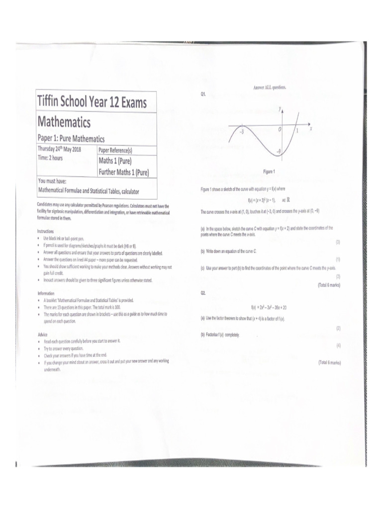 Tiffin School Year 12 Exams | PDF