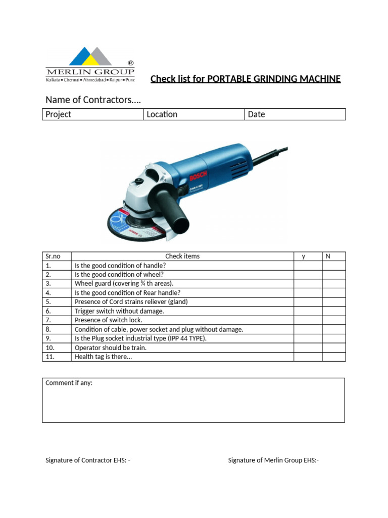 Check List For Granding Machine | PDF