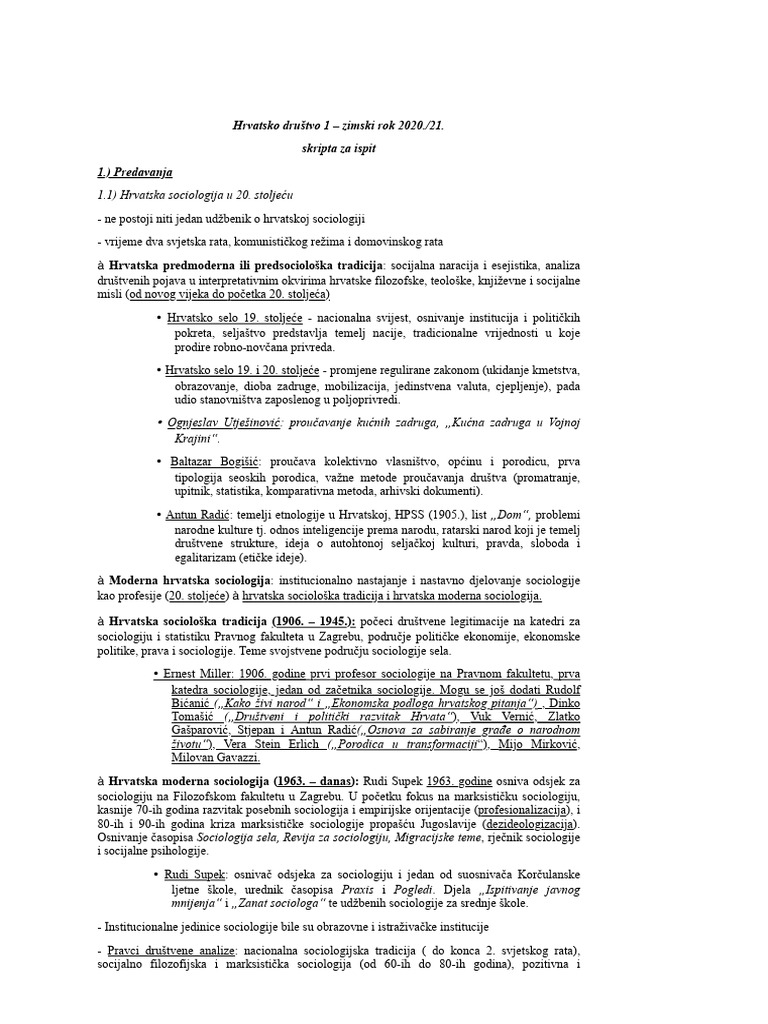 Hrvatsko Drustvo 1 - Skripta Za Ispit | PDF