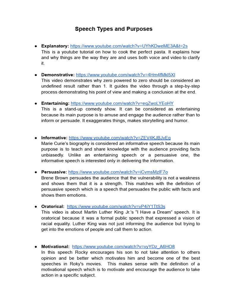 Speech Types and Purposes | PDF | Public Speaking | Human Communication