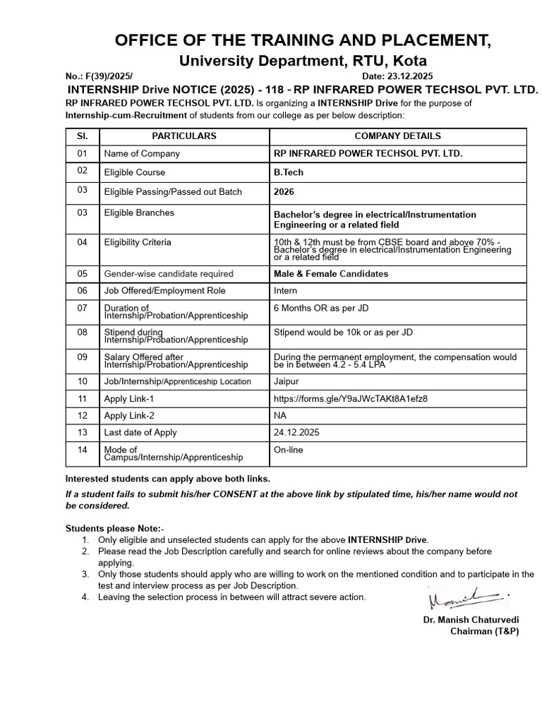 Internship Drive Notice (2024) - 118 - RP Infrared Power Techsol Pvt ...