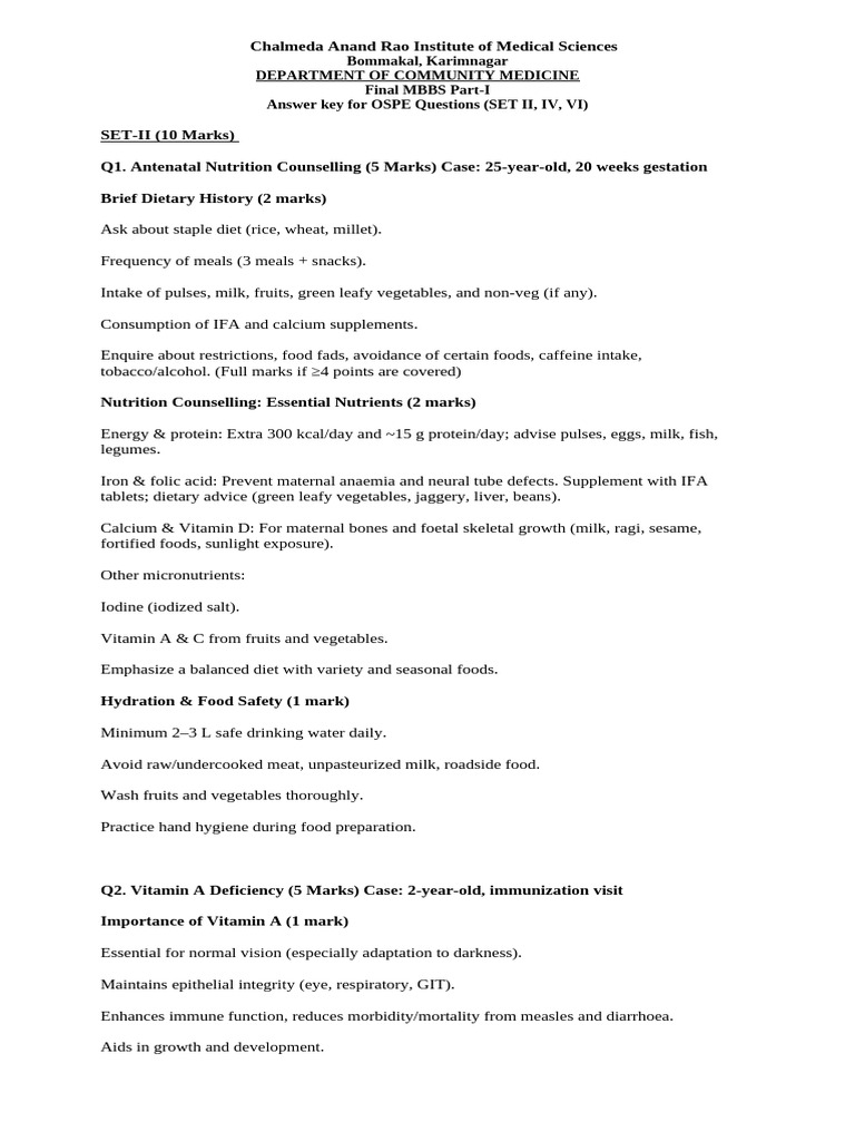 Answer Key For OSPE Questions (SET II, IV, VI) | PDF | Vitamin | Foods
