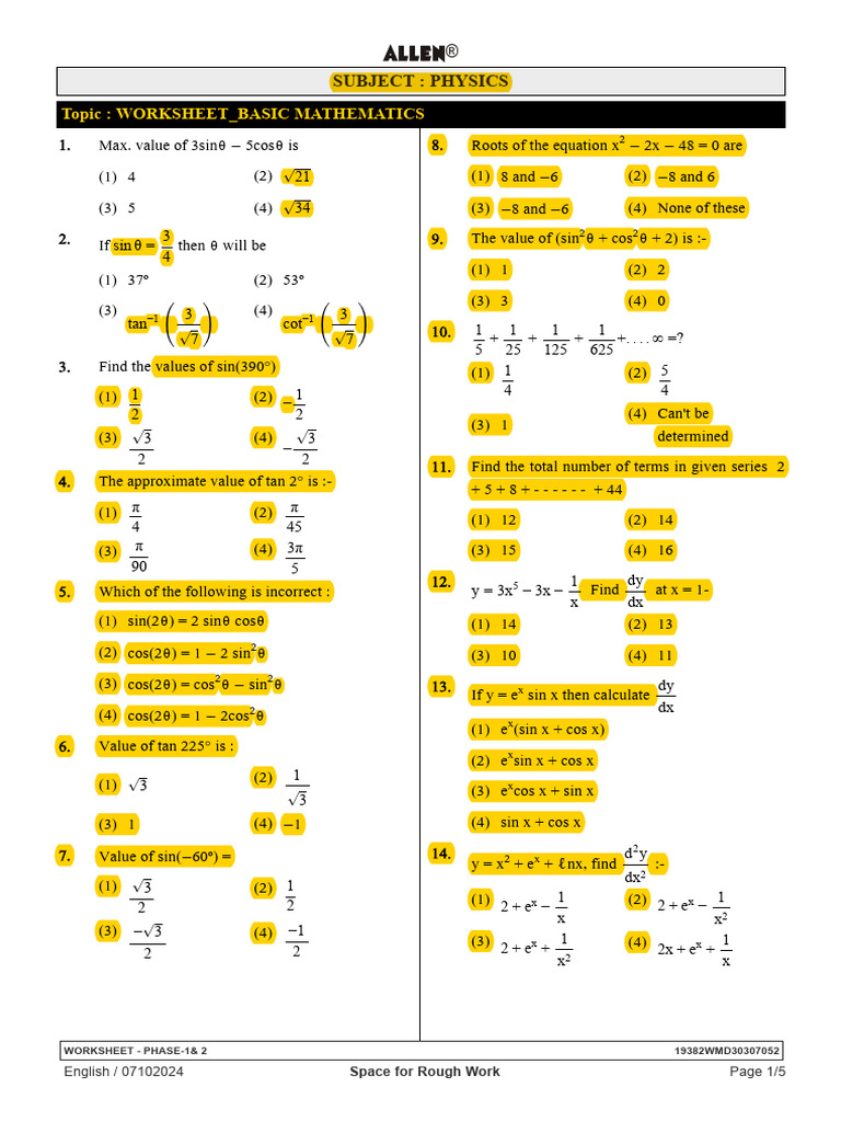 0710 Worksheet Basic Mathematics 19382WMD30307052 Phase 1+2 | PDF ...