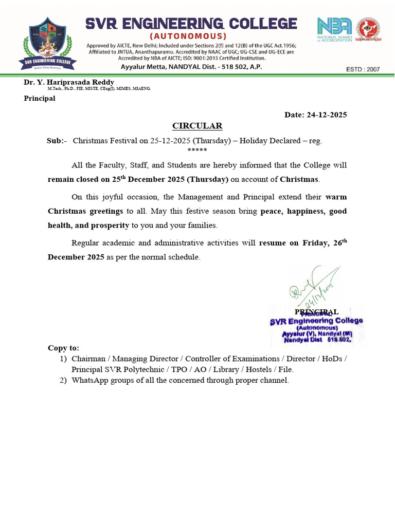 2025-12-24 Circular - Christmas Holiday On 25-12-2025 | PDF