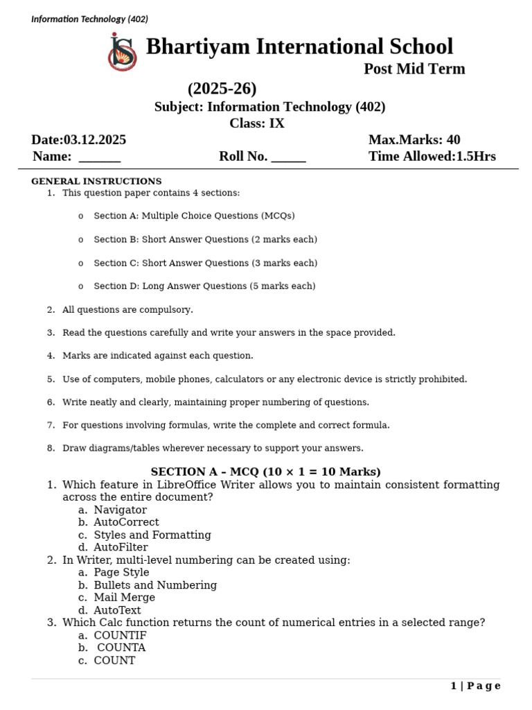 Class 9 - Information Technology - Re Test Q.P - PA 2 | PDF | Multiple ...