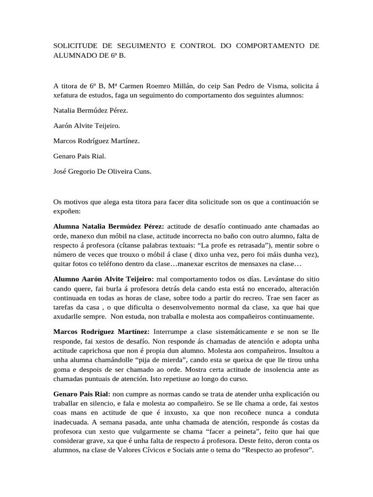 Solicitude de Seguimento e Control Do Comportamento de Alumnado | PDF