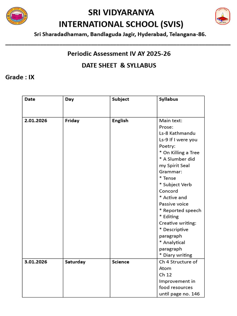 IX - Periodic Assessment IV Date Sheet & Syllabus | PDF | Linguistic ...