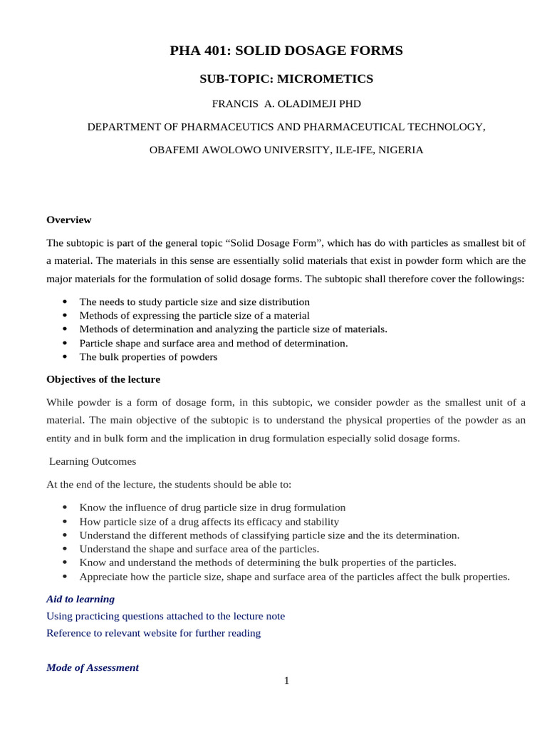PHA 401 Micromeritics | PDF | Tablet (Pharmacy) | Pharmaceutical ...