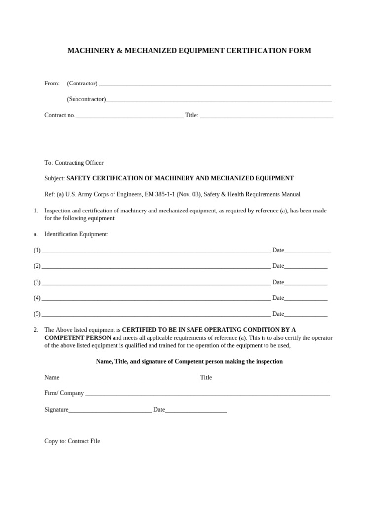 Machinery Safety Certification Form | PDF
