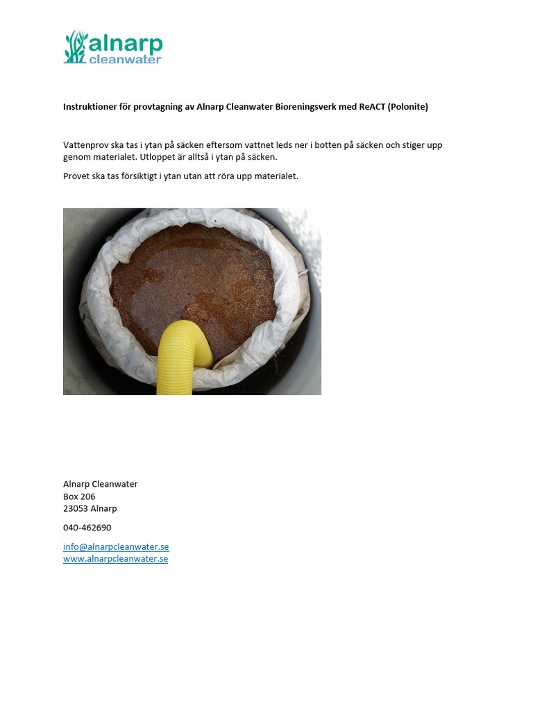 Instruktioner Provtagning Alnarp Bioreningsverk Med ReACT | PDF