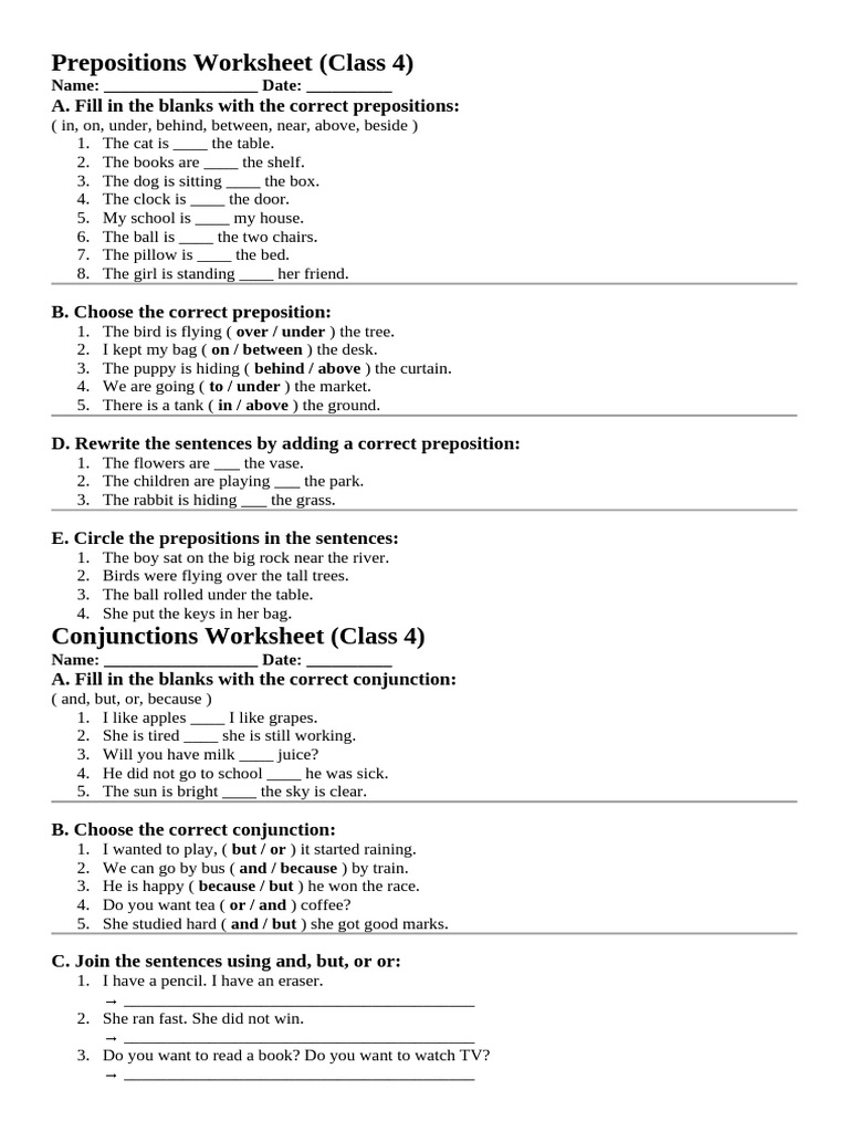 Prepositions and Conjunctions Worksheets | PDF