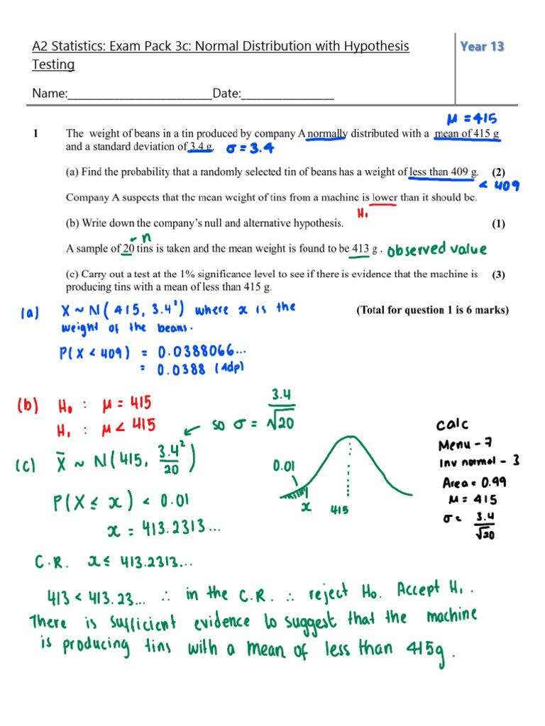Exam Pack 3c - Normal Distribution With Hypothesis Testing Model ...