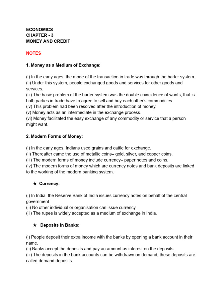 CH 3 - Money and Credit (Notes) | PDF | Loans | Debt