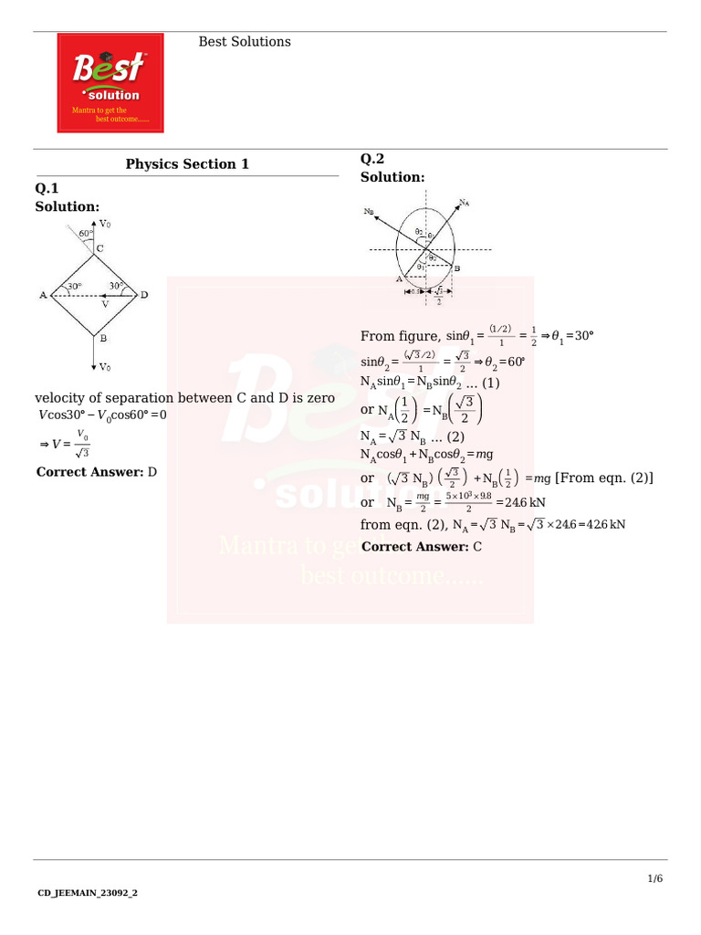 JEE Main Physics Solutions Explained | PDF | Applied And ...