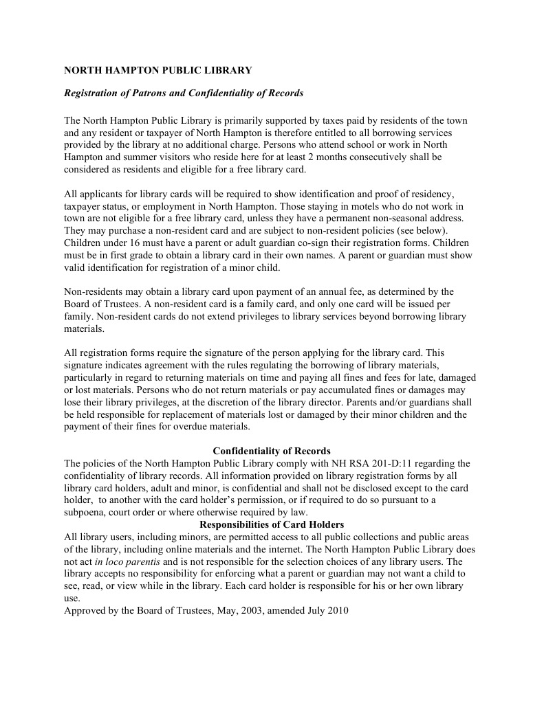 Registration of Patrons and Confidentiality of Records: North Hampton ...