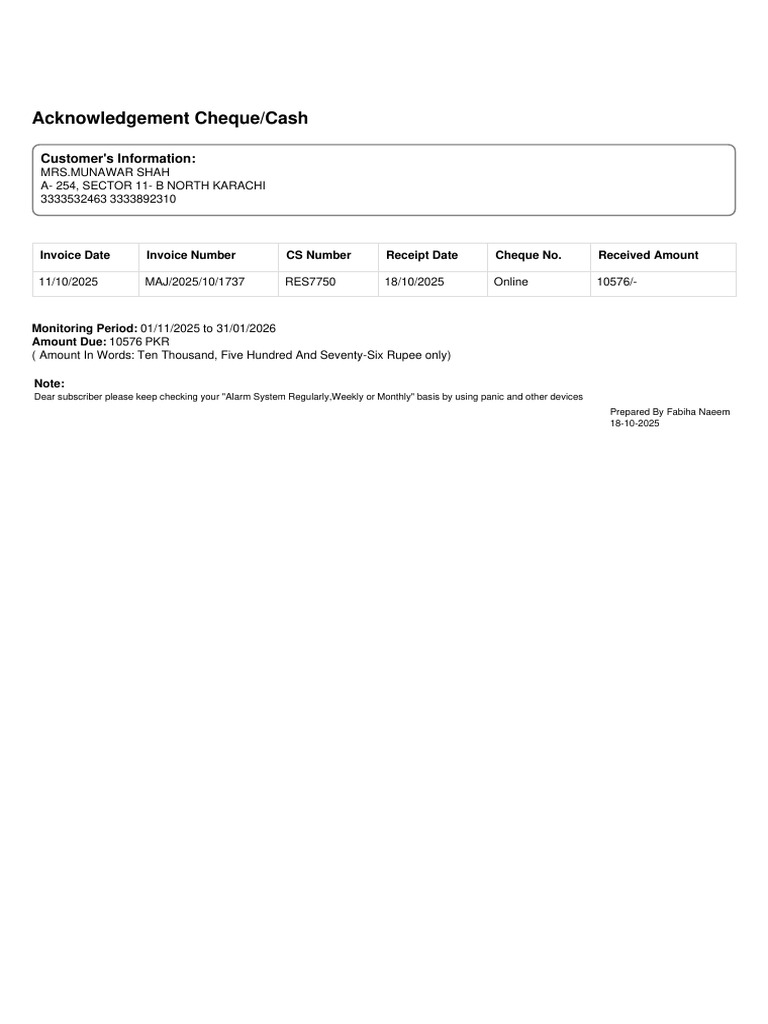 Acknowledgement Cheque/Cash: Customer's Information | PDF