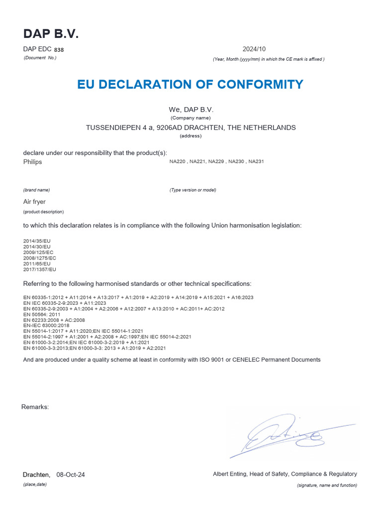 EU Declaration of Conformity for Philips Air Fryers | PDF | Economy Of ...