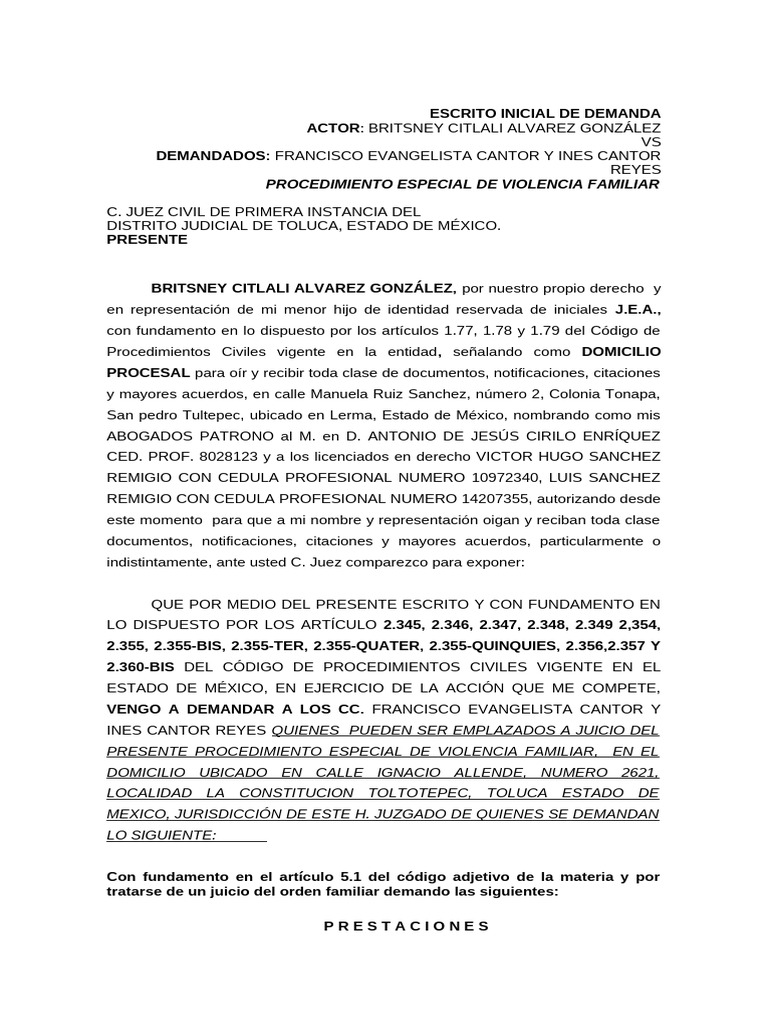 ESCRITO INICIAL DE DEMANDA DE VIOLENCIA CITLALI BIEN | PDF | Pensión ...