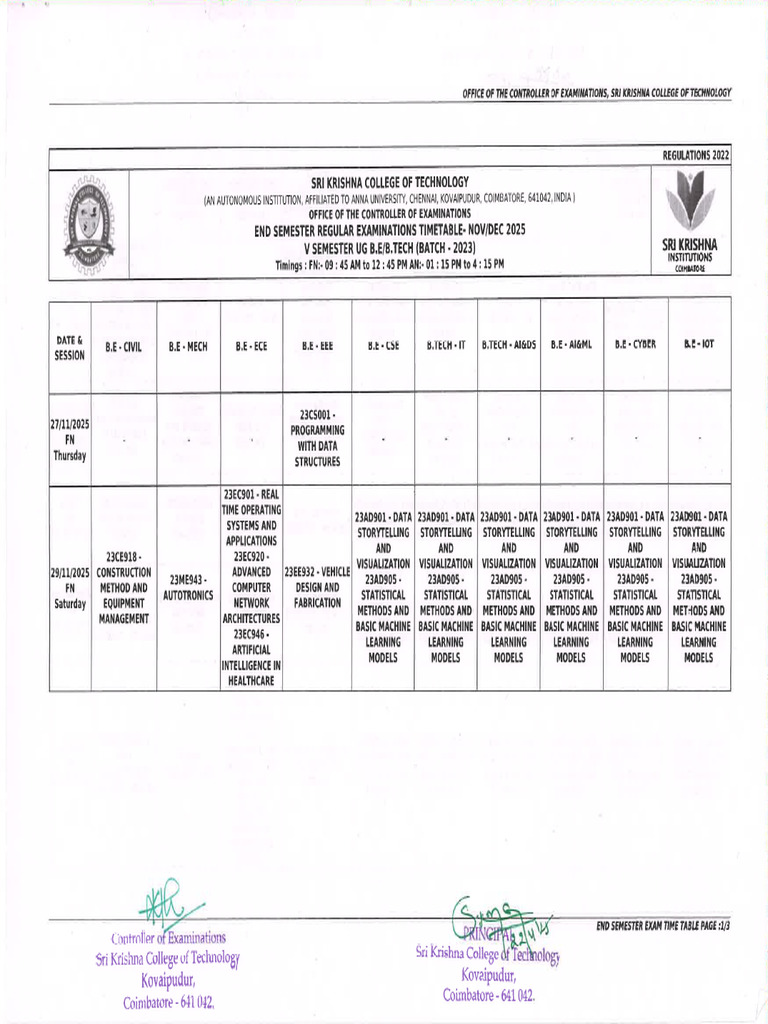 2023 Batch UG Regular Timetable | PDF