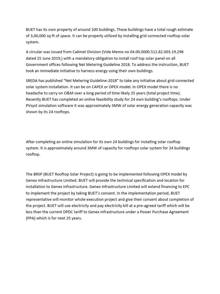 BUET Rooftop Solar Project Overview | PDF